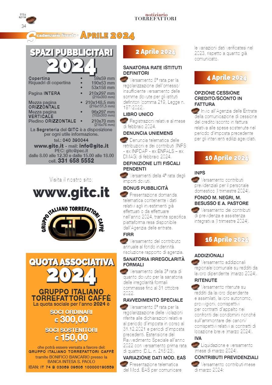 Notiziario Torrefattori Aprile 2024 - Gruppo Italiano Torrefattori Caffè | GITC